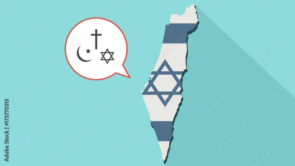 Animation of a long shadow Israel map with its flag and a comic balloon ...