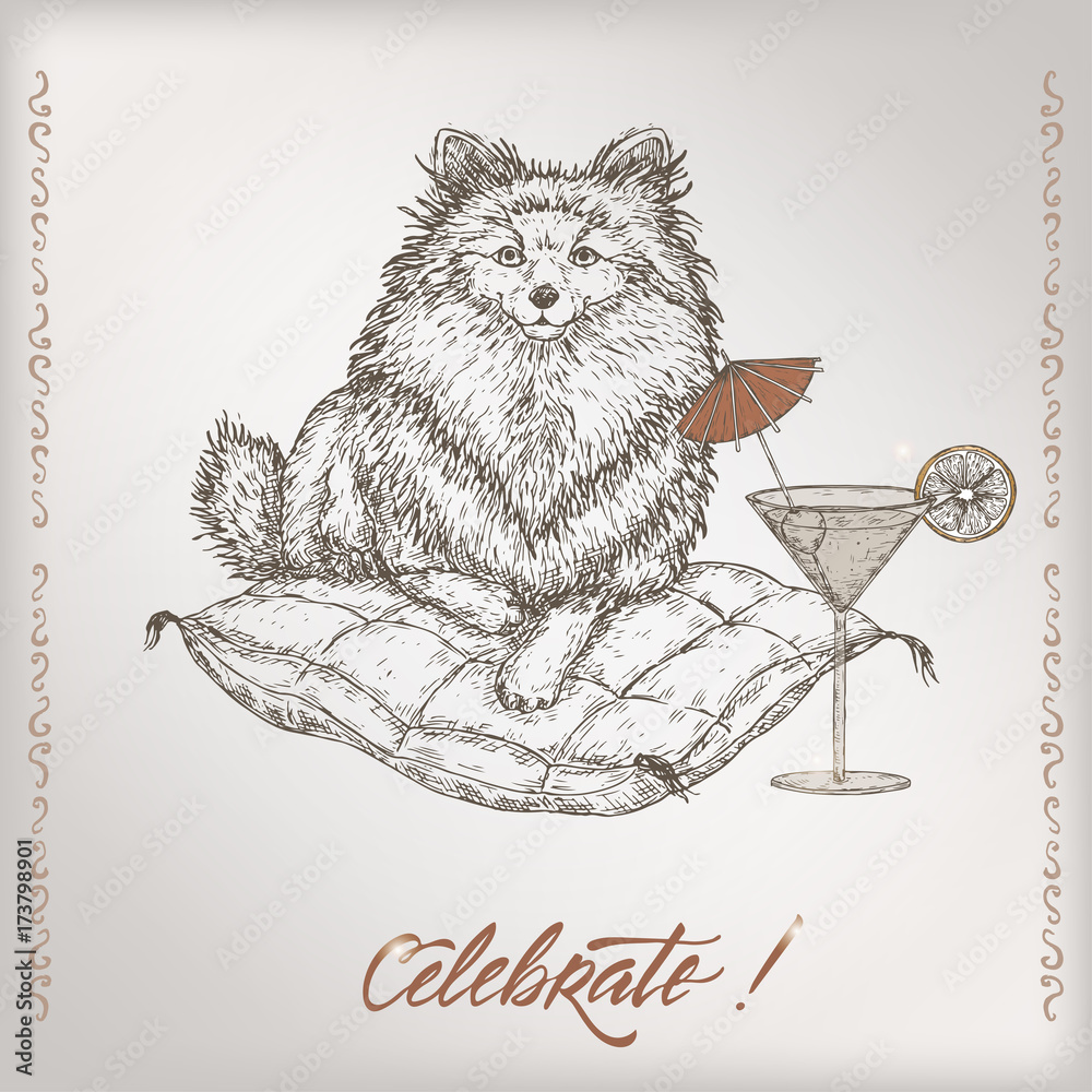 Romantic vintage birthday card template with calligraphy, dog on a ...