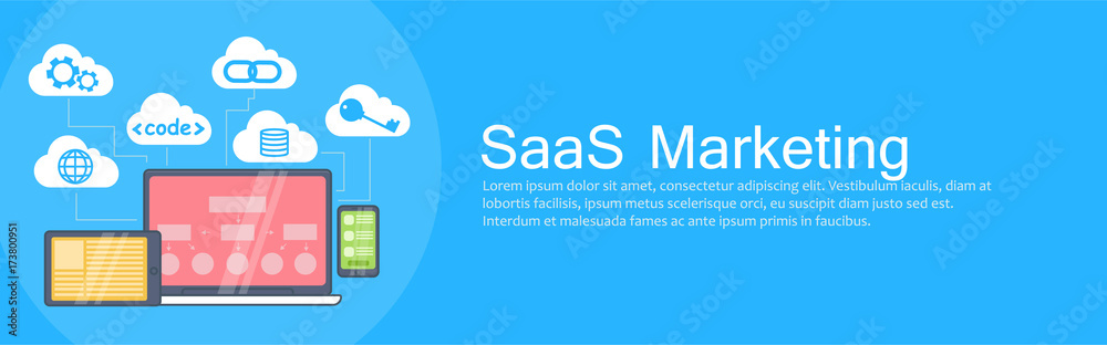 SaaS Marketing Banner. Laptop, tablet and phone, cloud storage with ...