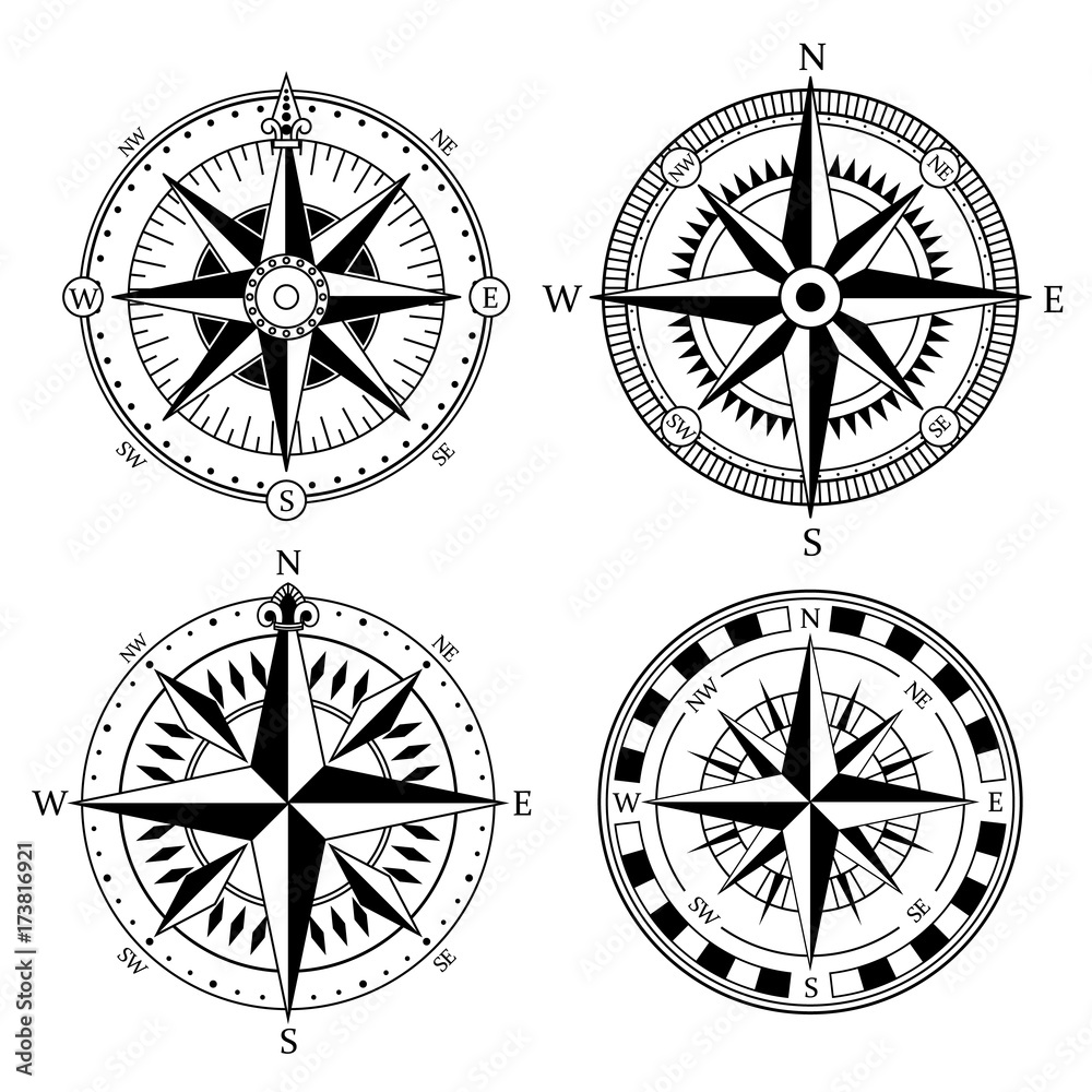 Vintage nautical compass signs vector set, retro direction symbols ...