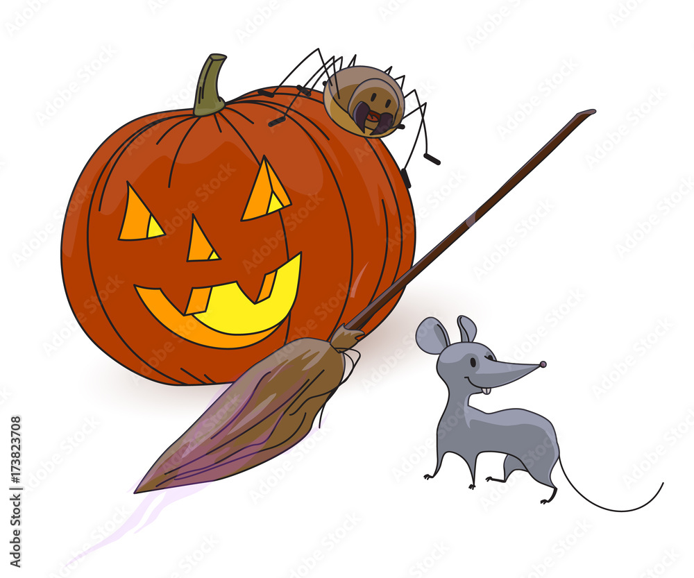 Cute funny characters for Halloween. Sly gray mouse, rat. pumpkin ...