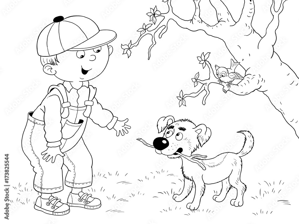 Four seasons. Spring. Cute boy playing with his dog. Coloring page ...