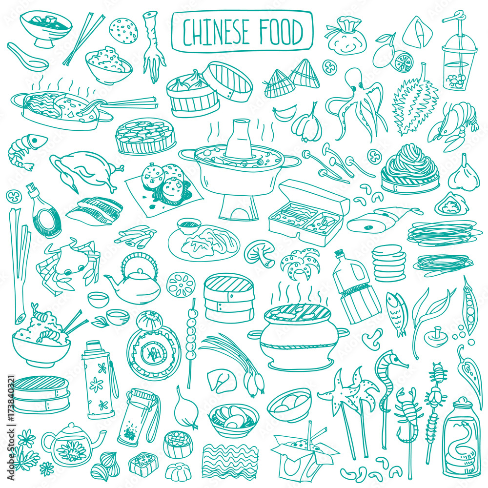 Chinese cuisine doodle set. Traditional asian food, drinks and cooking ...