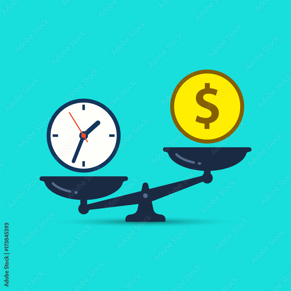 Time is money concept. Clok and money symbols on scale. Vector ...