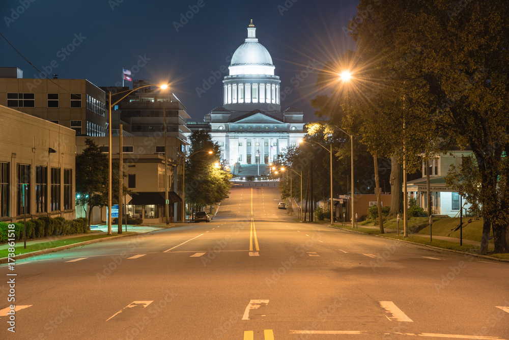 Street light and tree line leading to State Capitol of Arkansas, a ...