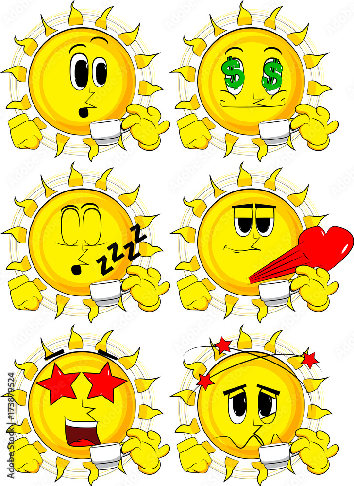 Cartoon sun drinking coffee. Collection with various facial expressions ...