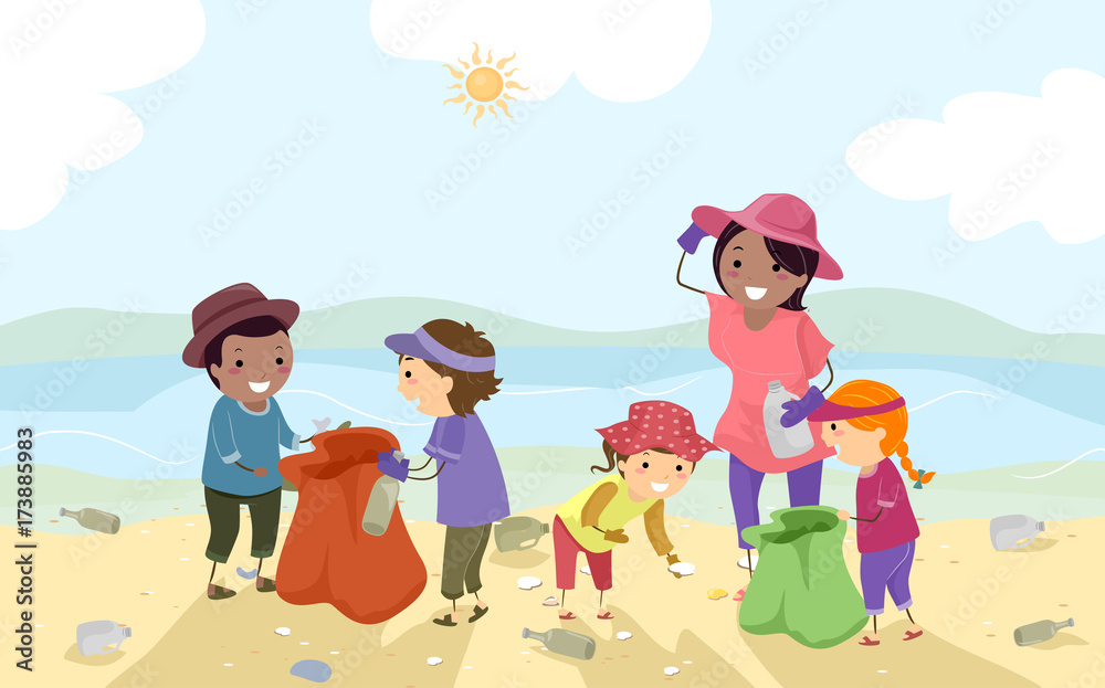 Stickman Kids Teacher Coastal Clean Up Stock Vector | Adobe Stock