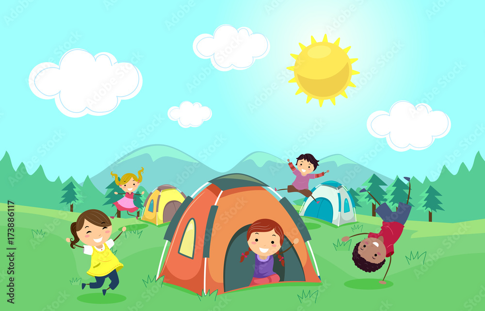 Stickman Kids Tent Camping Illustration Stock Vector | Adobe Stock