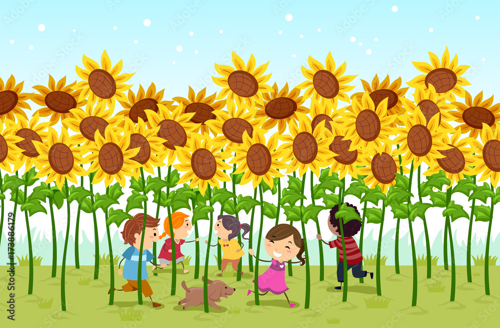 Stickman Kids Sunflower Field Play Illustration Stock Vector | Adobe Stock