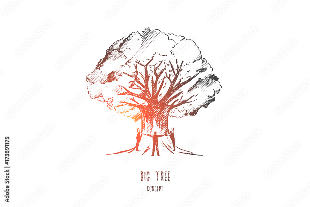 Big tree concept. Hand drawn people around big tree. Huge tree trunk ...