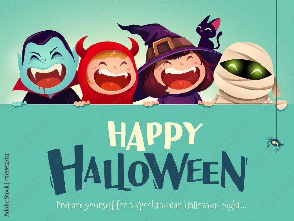 Happy Halloween Party. Group of kids in halloween costume with big ...