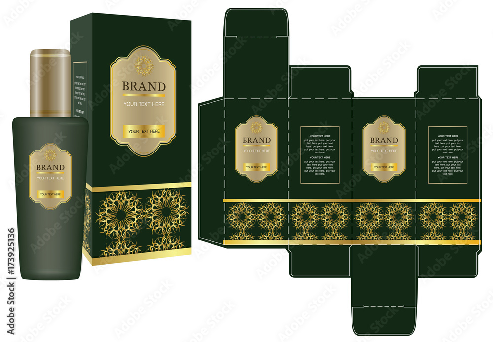 Label on packaging container with green and gold luxury box design ...