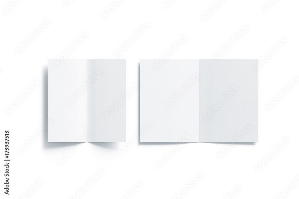 Blank white two folded a5 and dl booklet mock up, opened side, top view ...