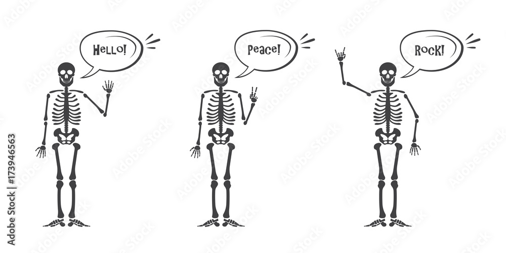 Skeleton hand gestures set: ok, finger up, finger down, fist, middle ...