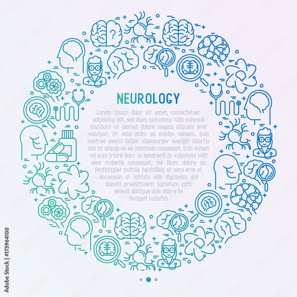 Neurology concept in circle with thin line icons: brain, neuron, neural ...