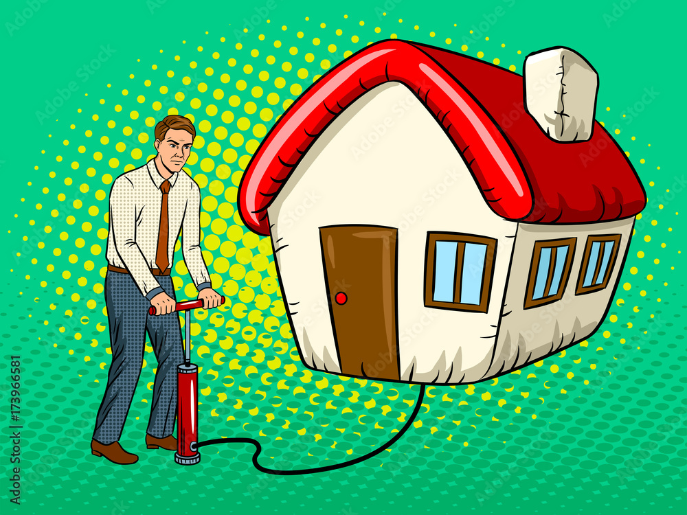 Man inflate house pop art vector illustration Stock Vector | Adobe Stock