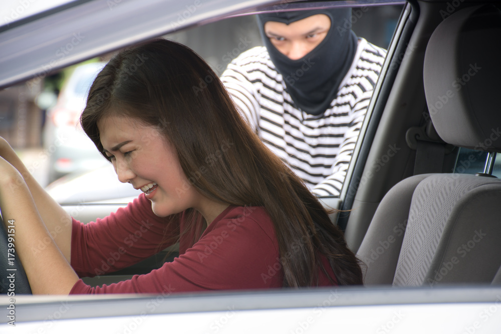 Robber Holding A Gun For Robbery Car Owner Screaming Asian Woman