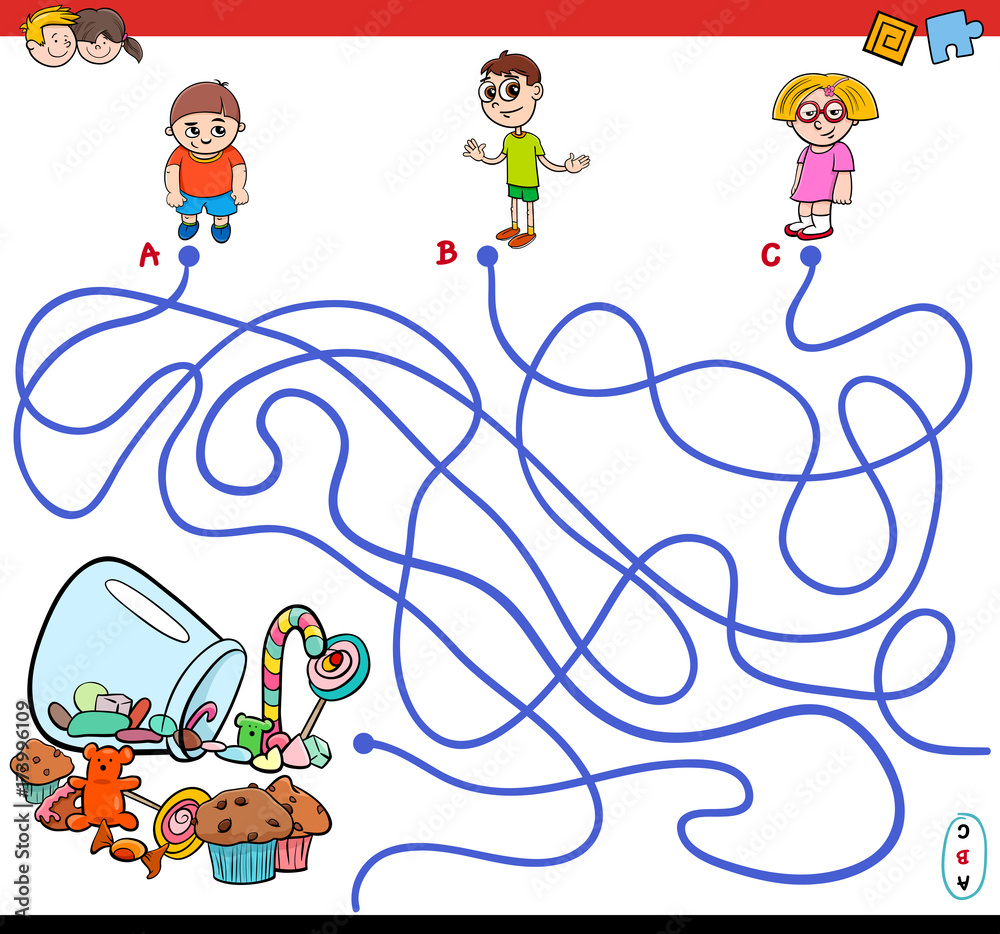 cartoon paths maze game with kids and candy Stock Vector | Adobe Stock
