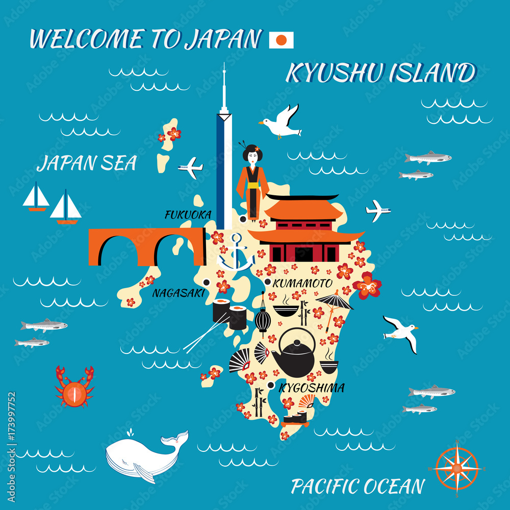 Stockvector Japan cartoon travel map, Kyushu island vector illustration ...
