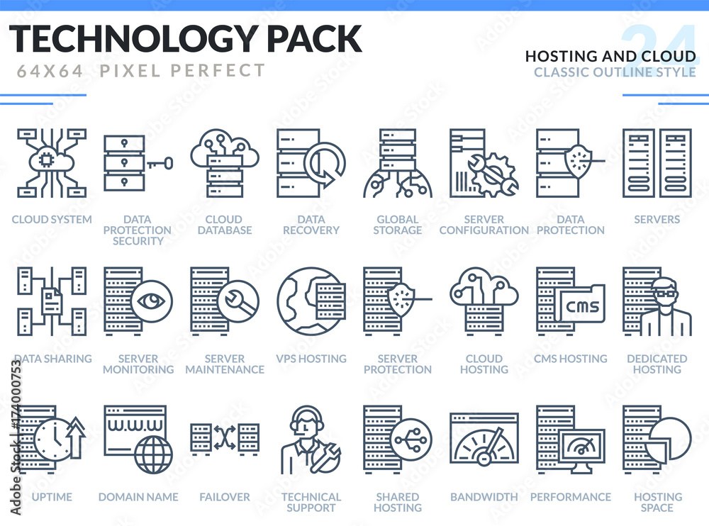Hosting and Cloud Icons Set. Technology outline icons pack. Pixel ...