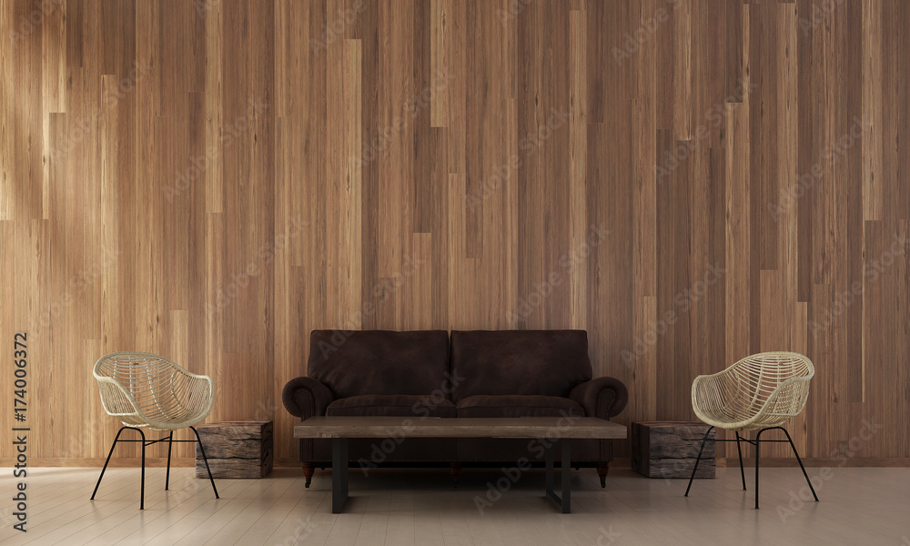 The interior design of loft living room and wood wall texture / 3d ...