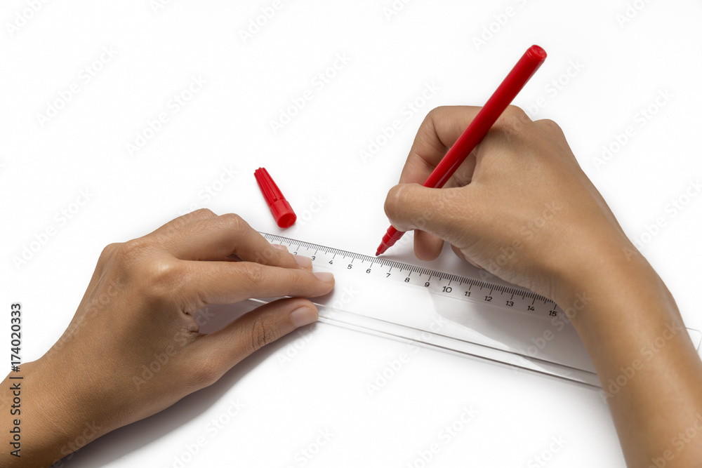 Hands Drawing A Line Using Ruler, Isolated On White Background Stock ...