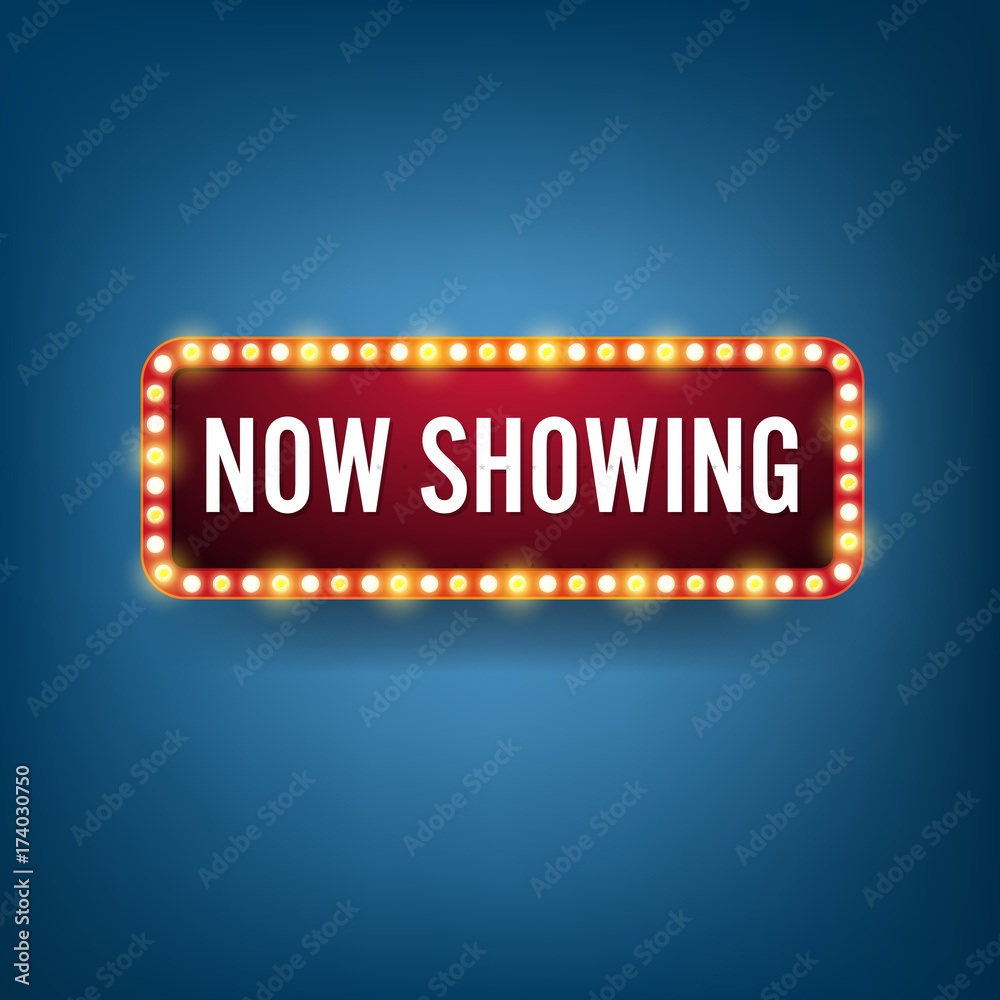 Now showing. text with electric bulbs frame on blue background. Vector ...