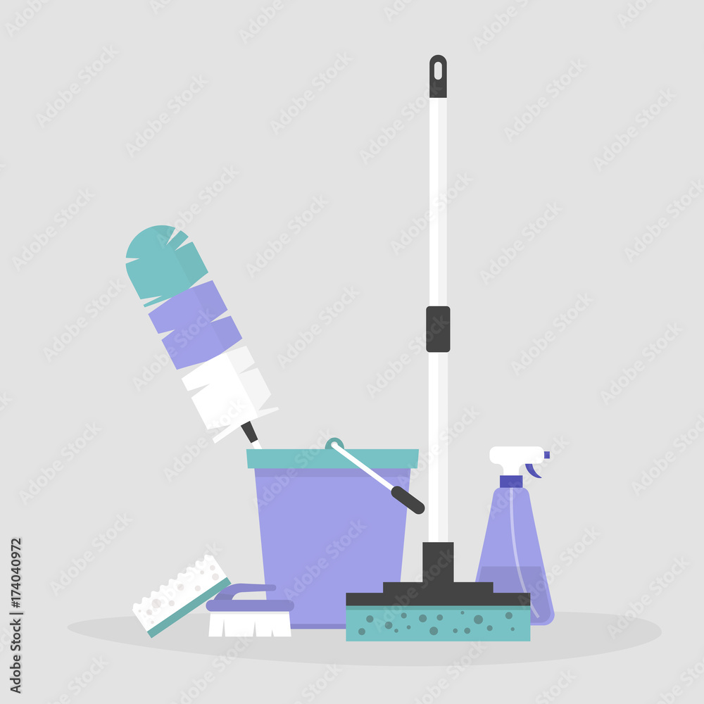 Household chores. Set of cleaning tools: a mop, a bucket, a feather ...