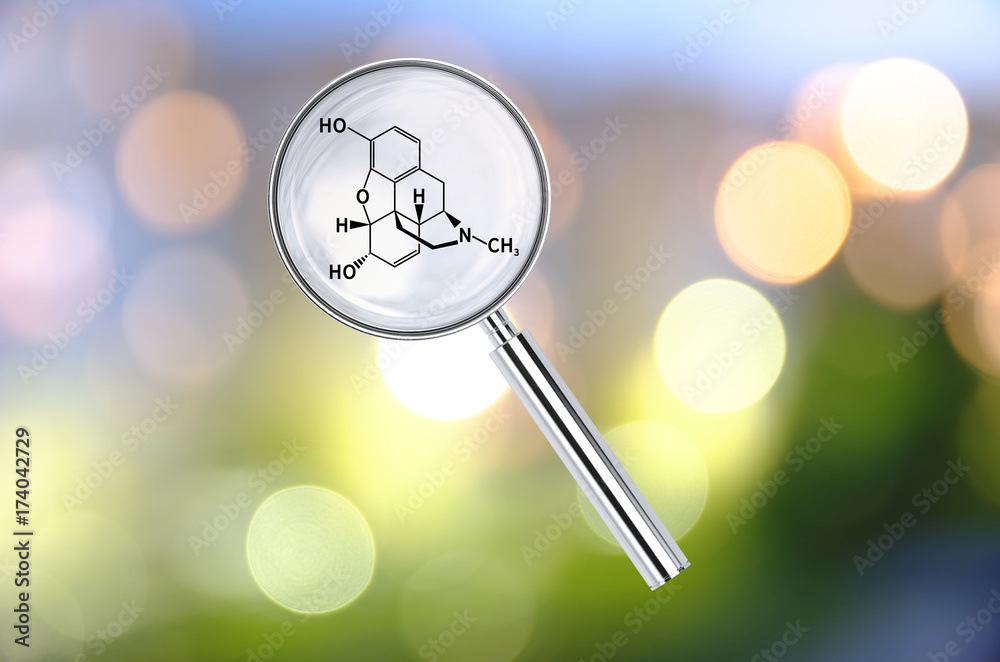 Chemical structure of morphine over magnifying lens. 3D rendering ...
