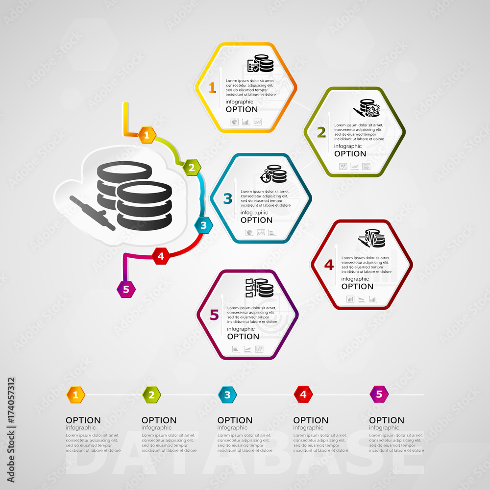 Database timeline infographics design with five steps or options Stock ...