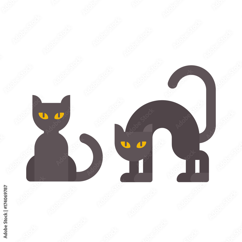 Halloween black cat flat illustration. Two witches cats flat icons ...