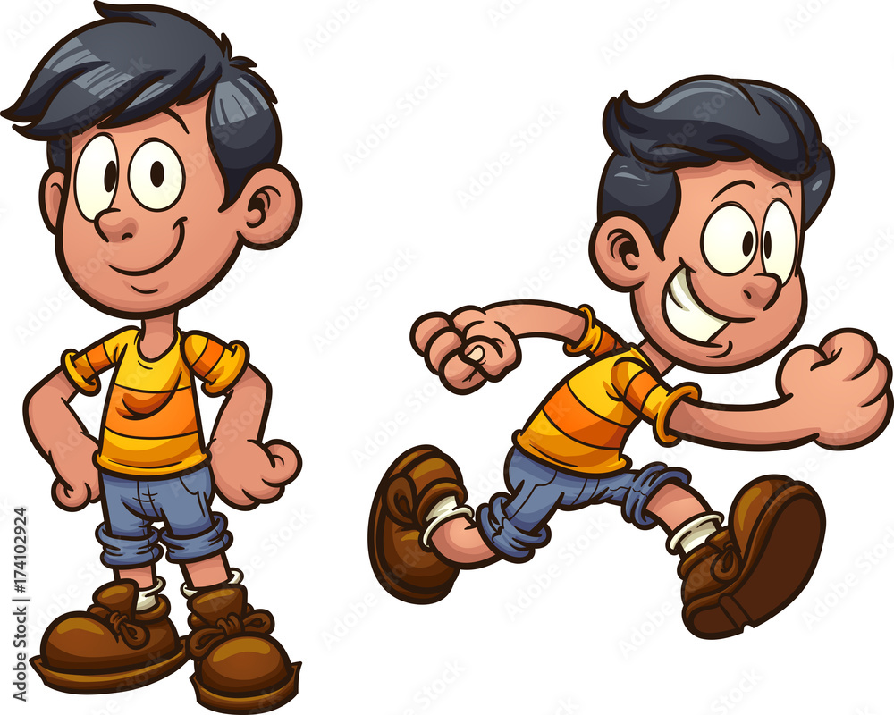 Cute cartoon boy standing and running. Vector clip art illustration ...