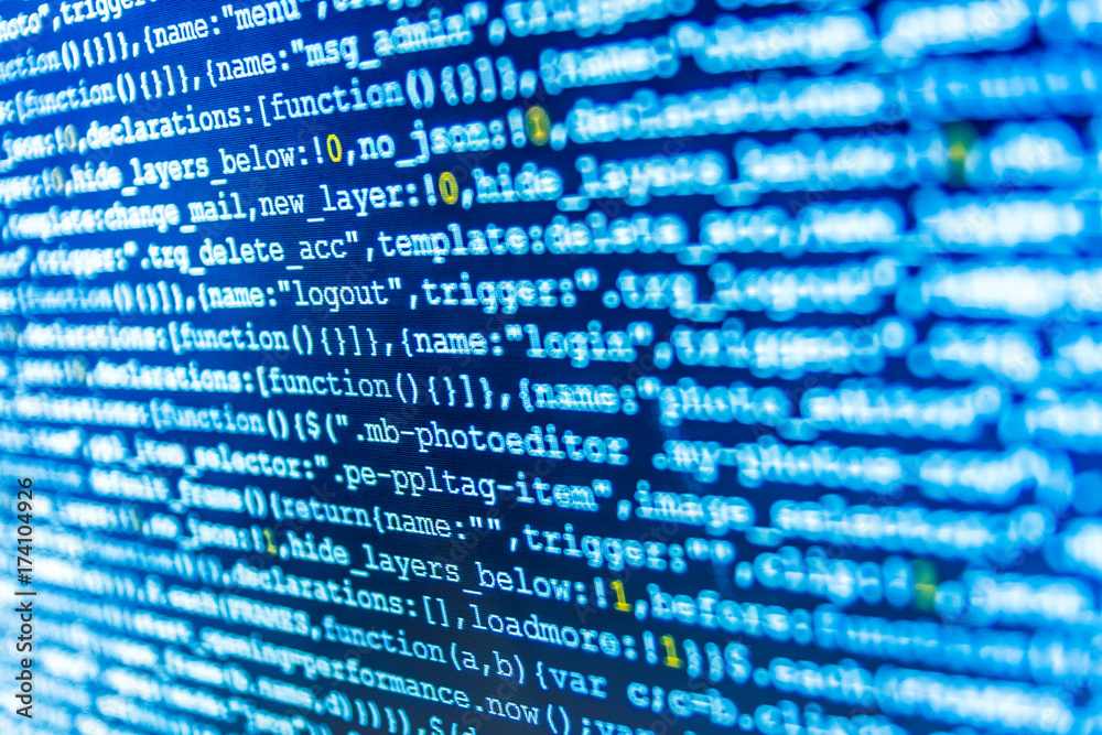 IT specialist workplace. Programming of Internet website. Binary digits code editing. Script ...