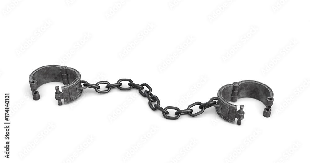 3d rendering of old iron arm shackles on a chain lying open on white ...