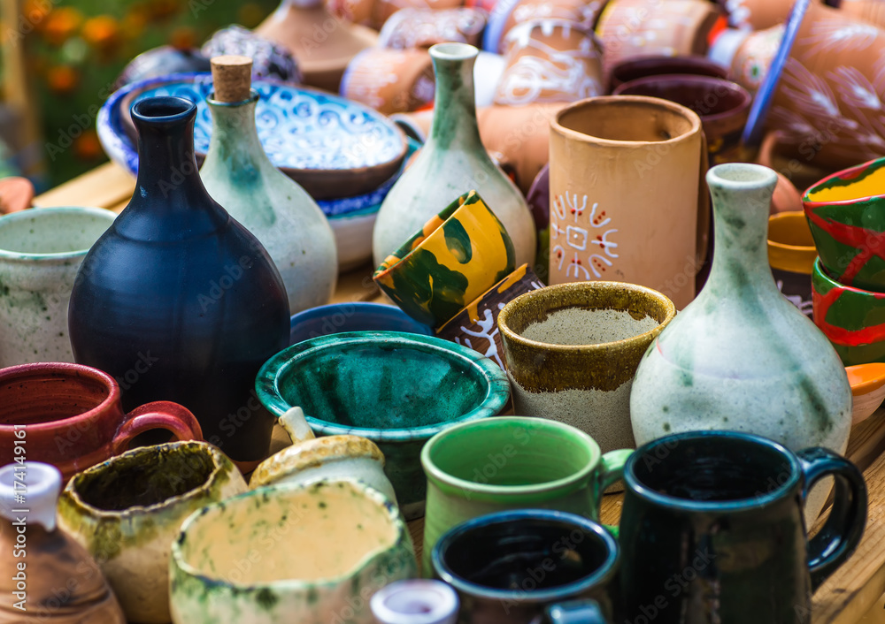 Ukrainian pottery. Pottery museum in Ukrainian village Oposhnya, center ...
