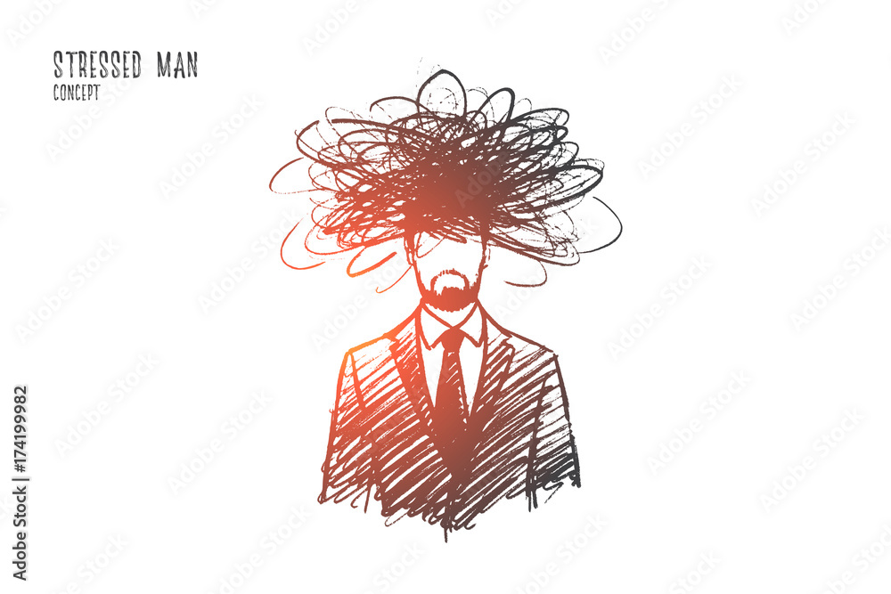 Stressed man concept. Hand drawn man in stress situation. Male person ...