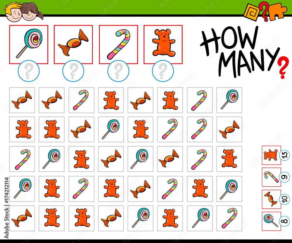 how many sweets counting cartoon game Stock Vector | Adobe Stock