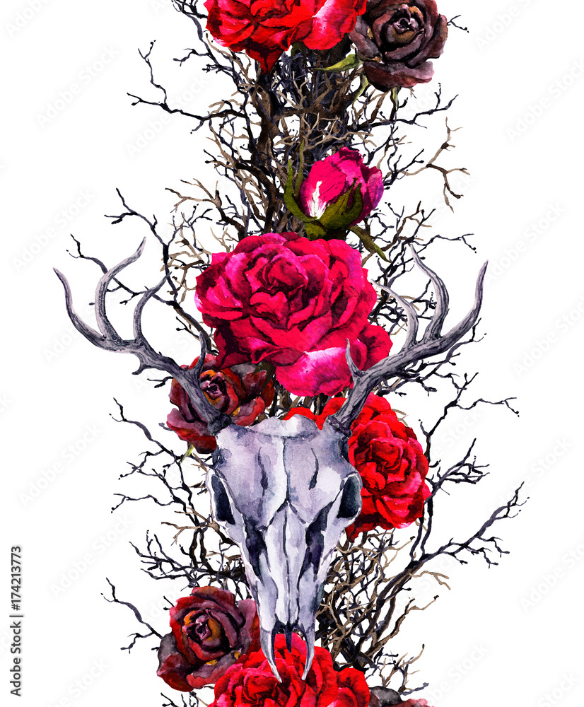 Deer animal skulls with rose flowers, branches. Seamless border frame ...