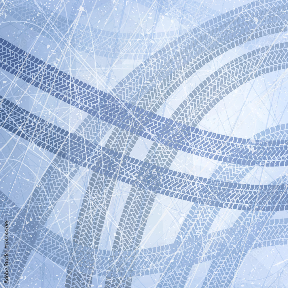 Traces of car tires on ice. Texture of ice surface. Track with separate ...