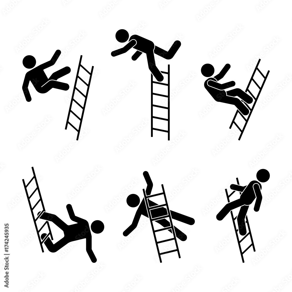 Man falling off a ladder stick figure pictogram. Different positions of ...