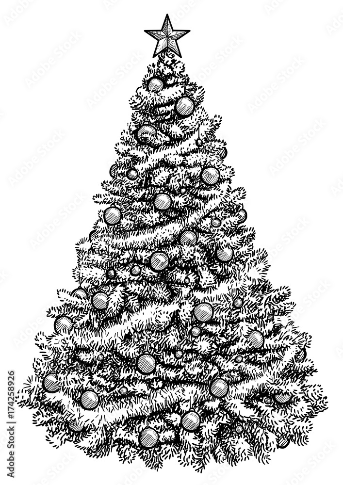 Christmas tree illustration, drawing, engraving, ink, line art, vector ...