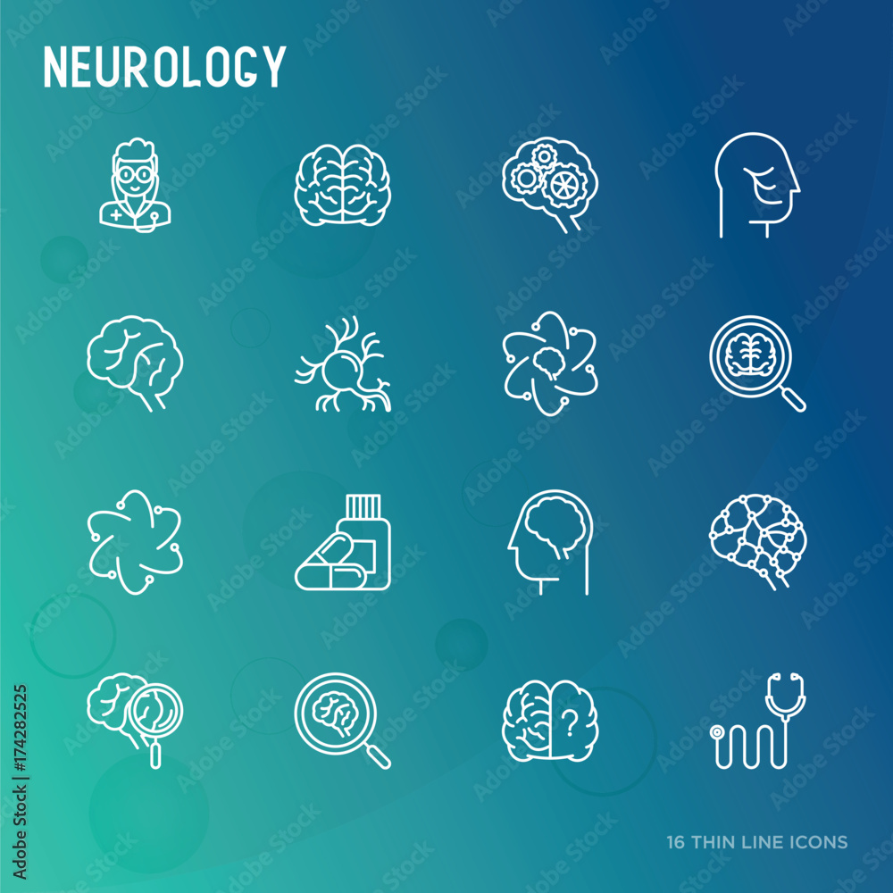 Neurology concept thin line icons: brain, neuron, neural connections ...