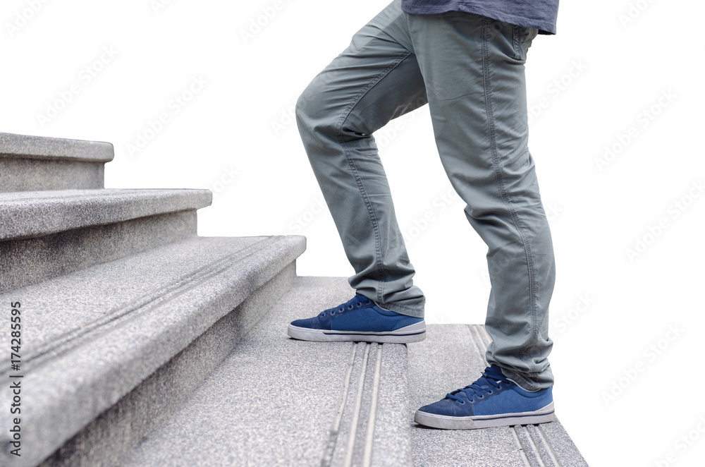 handsome man step walking up marble stair isolated on white. stratup ...