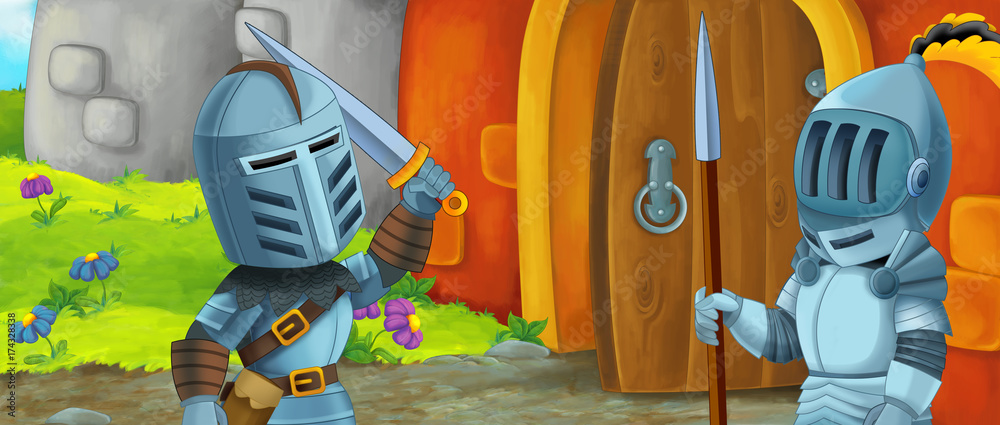 Cartoon happy scene of an old style entrance with guarding knight in ...