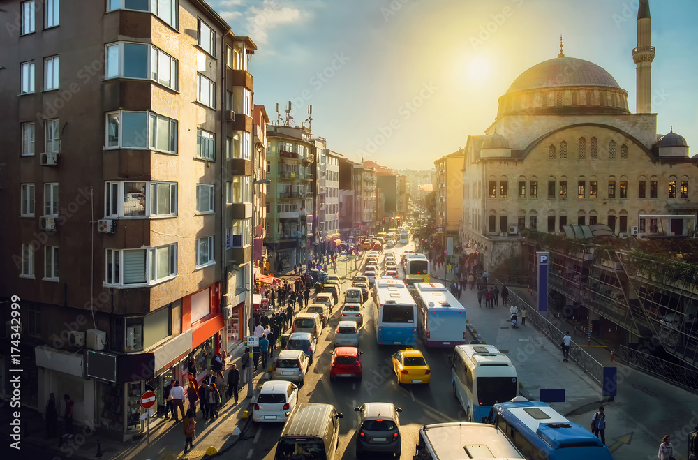 View on mosque and road with cars and buses sun in the frame Istanbul ...