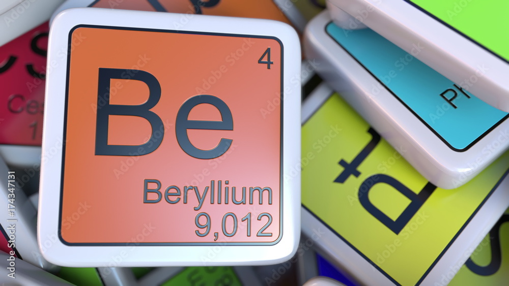Beryllium block on the pile of periodic table of the chemical elements ...