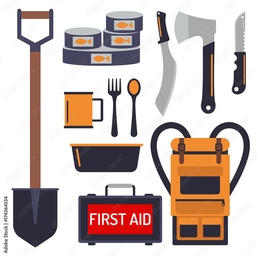 Survival emergency kit for evacuation vector equipment items travel ...