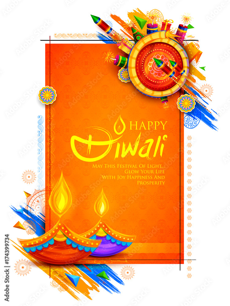 Burning diya and firecracker on Happy Diwali Holiday background for ...