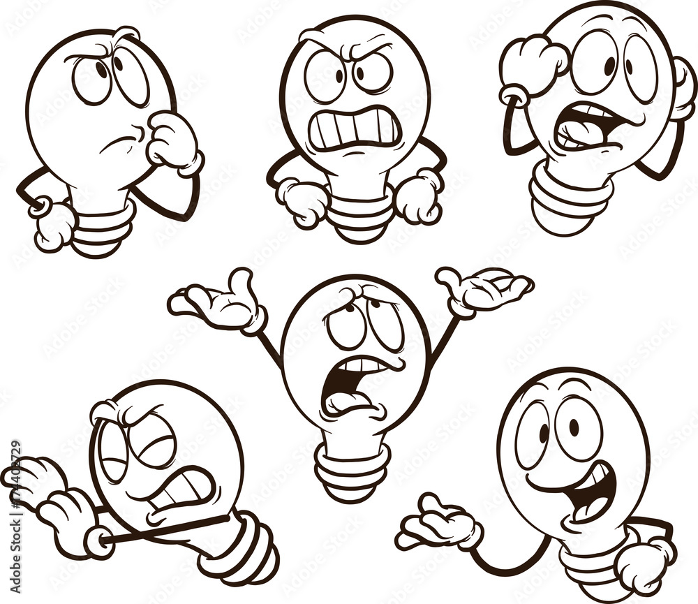 Cartoon lightbulb with different expressions. Vector clip art ...
