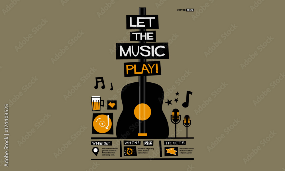 Let The Music Play! (Flat Style Vector Illustration Quote Poster Design ...